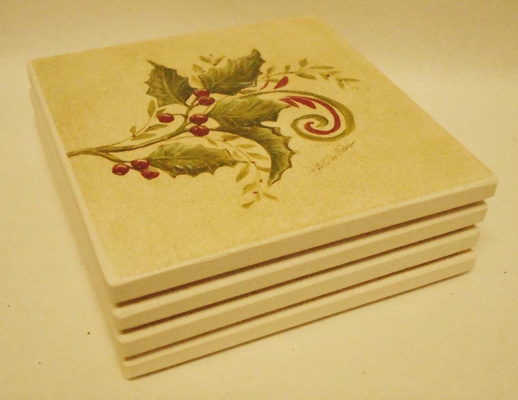 4 Christmas Holiday HOLLY COASTERS Stoneware Square Tiles Cork Festive ...