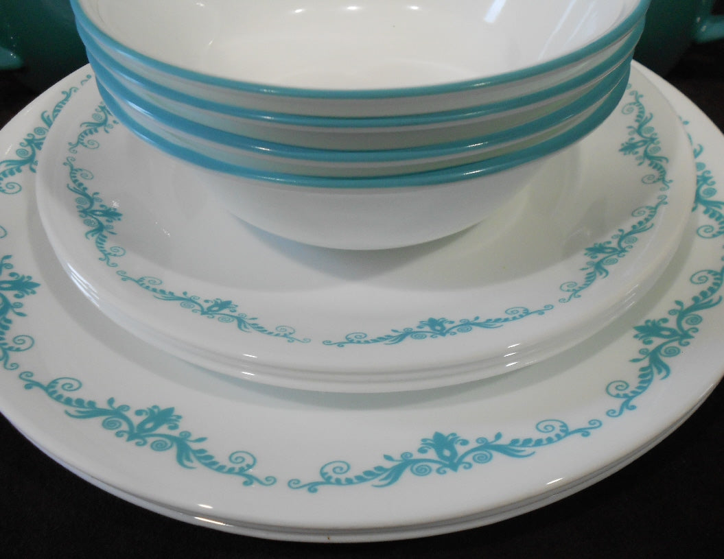 ️ 16-pc Corelle GARDEN LACE Dinnerware Set w/Mugs *Teal Turquoise Blu ...