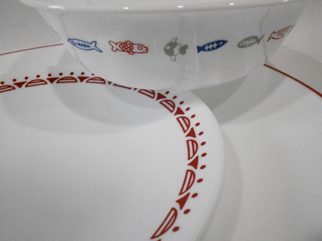 ️ 12-pc Corelle HARBOR TOWN Dinnerware Set / FISH Fishing Boat Red Bl ...