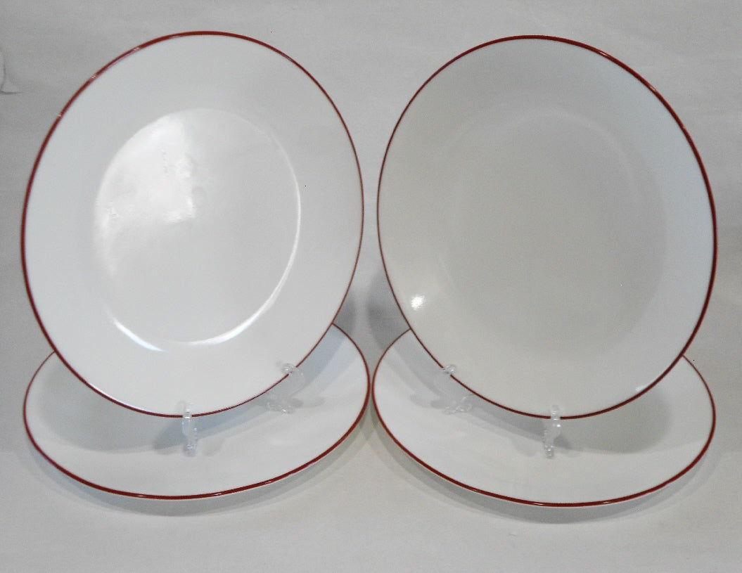 ️ 4 Corelle RED RIM DINNER PLATES 10.25" Christmas Holiday Deep Radia ...