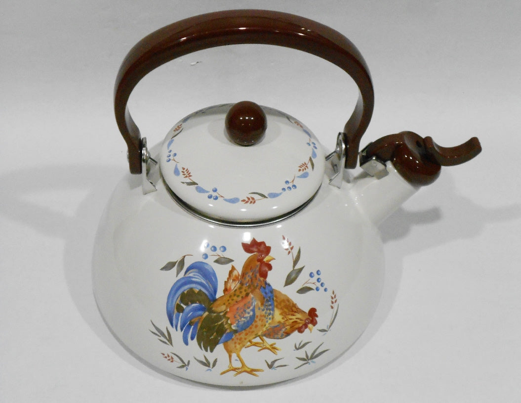 🐓 Corelle COUNTRY MORNING Rooster 2.2 Qt. WHISTLING TEA KETTLE Porcela ...