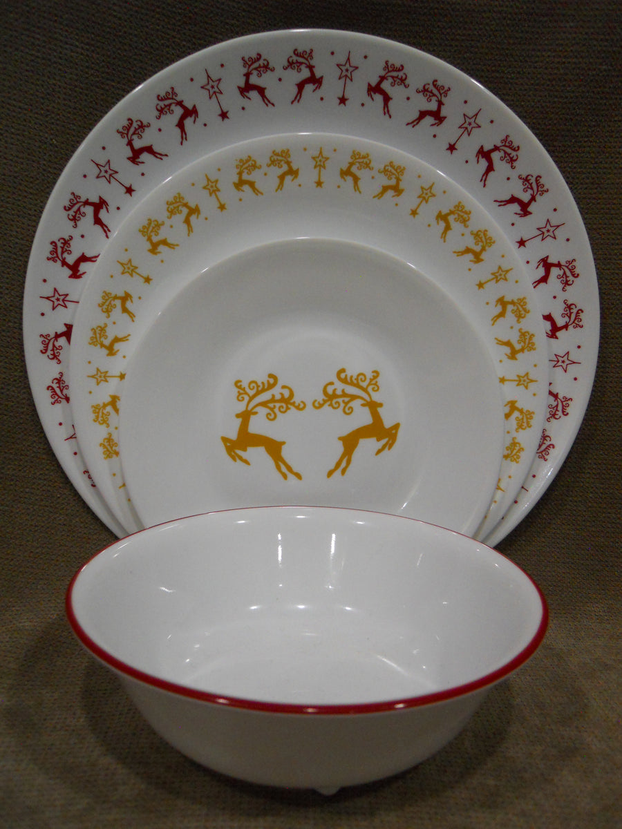 16pc Corelle DANCER & PRANCER Dinnerware Set Christmas Holiday Red Gol ...