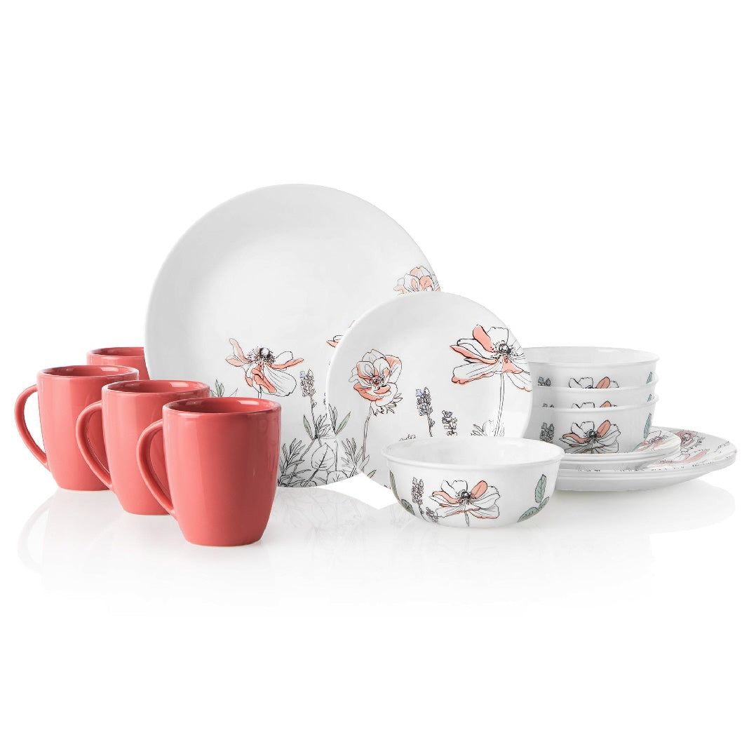 NEW 16-pc CORELLE Signature POPPY PRINT Dinnerware Set *Pale Pink & Wh ...